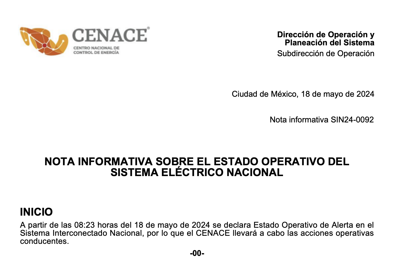Cenace declara estado de alerta en Sistema Eléctrico Nacional